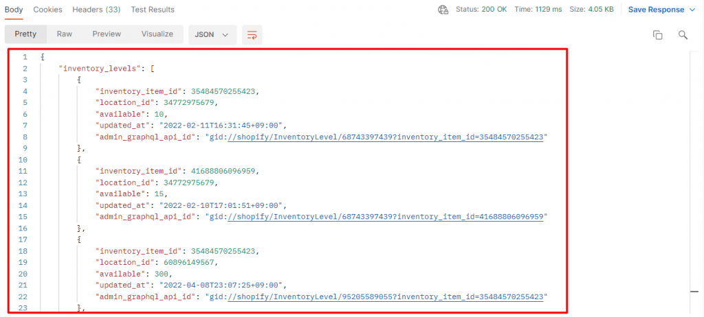 Shopify API 2025 - Retrieve inventory levels for the specified ...